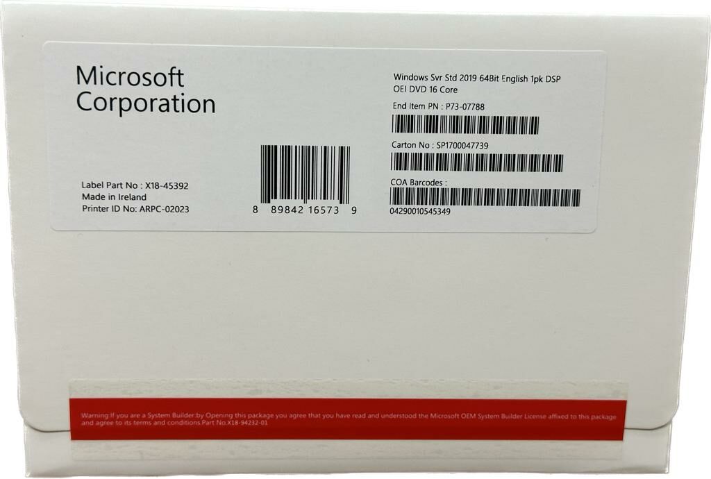 Microsoft Windows Server 2019 Standard 16 core OEM DVD Kutu P73-07788